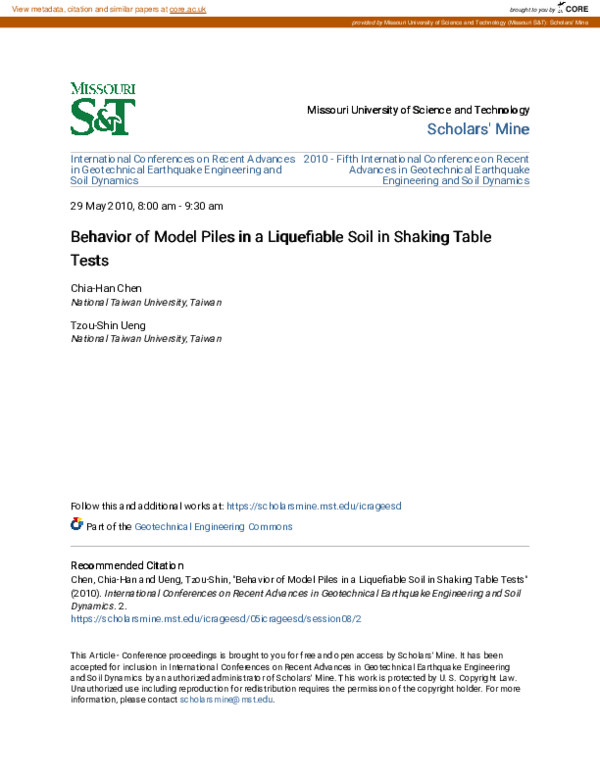 (PDF) Behavior of Model Piles in a Liquefiable Soil in Shaking Table Tests