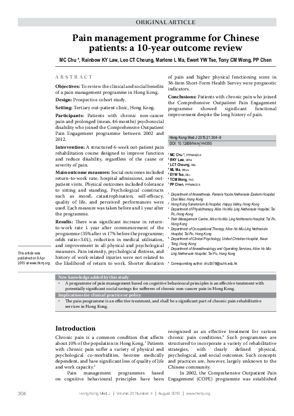 (PDF) Pain management programme for Chinese patients: a 10-year outcome ...
