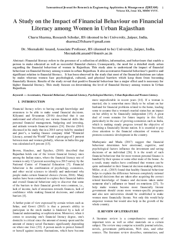 (PDF) A Study on the Impact of Financial Behaviour on Financial ...