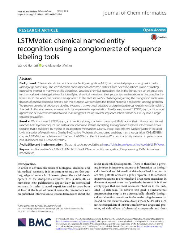 (PDF) LSTMVoter: chemical named entity recognition using a conglomerate of sequence labeling tools