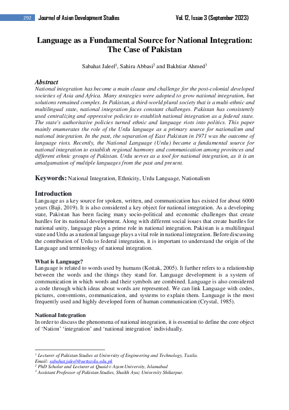 (PDF) Language as a Fundamental Source for National Integration: The ...