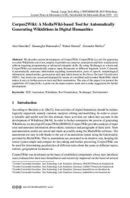 (PDF) Corpus2Wiki: A MediaWiki-based Tool for Automatically Generating Wikiditions in Digital ...