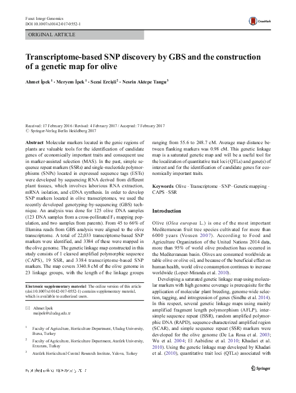 (PDF) Transcriptome-based SNP discovery by GBS and the construction of a genetic map for olive ...