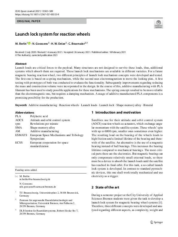 (PDF) Launch lock system for reaction wheels