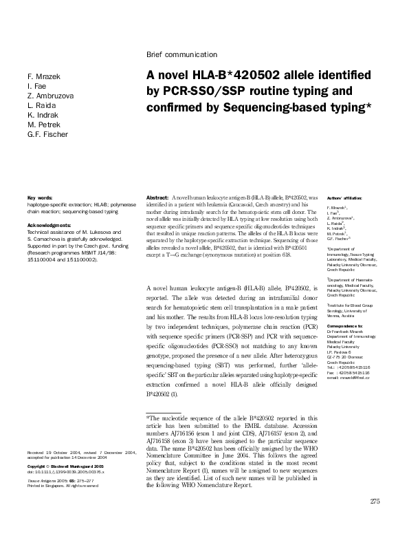 (PDF) A novel HLA-B*420502 allele identified by PCR-SSO/SSP routine ...