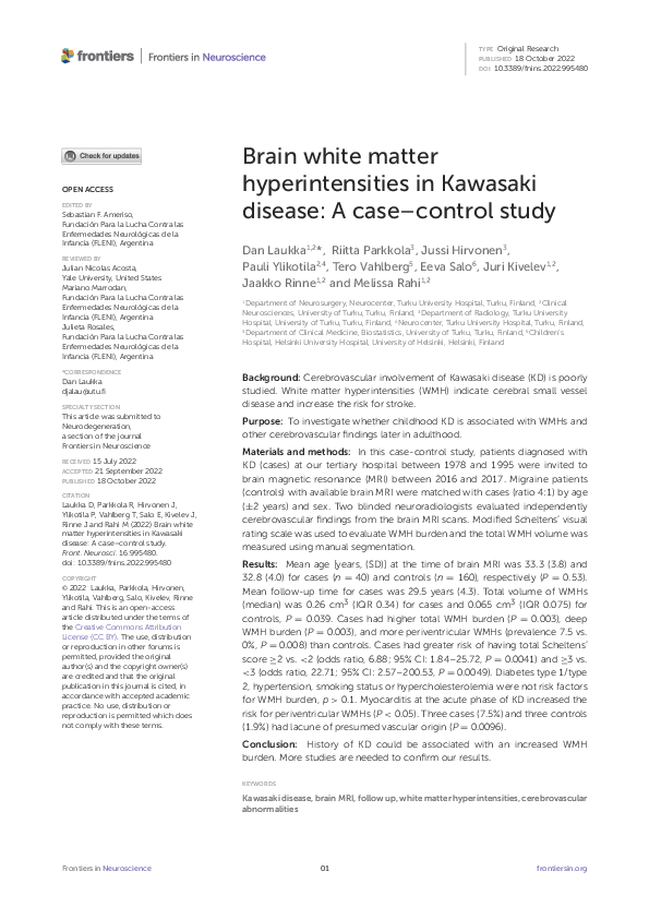 (PDF) Brain white matter hyperintensities in Kawasaki disease: A case–control study