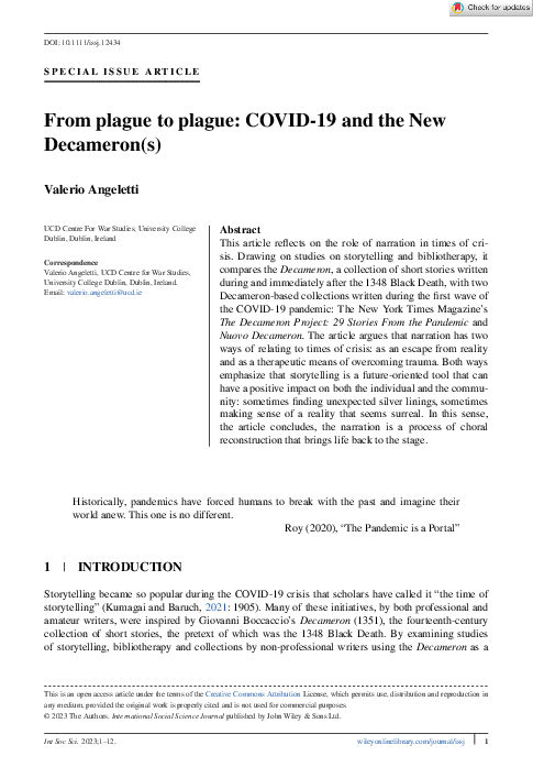 (PDF) From plague to plague: COVID‐19 and the New Decameron(s)