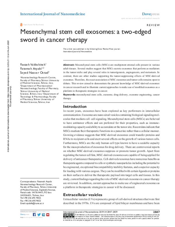 (PDF) Mesenchymal stem cell exosomes: a two-edged sword in cancer therapy