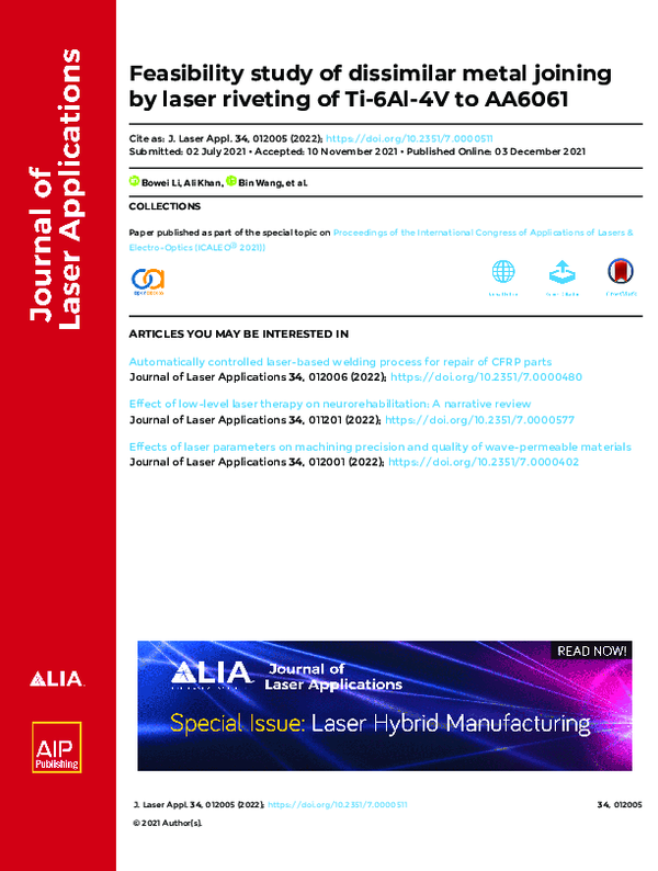 (PDF) Feasibility study of dissimilar metal joining by laser riveting of Ti-6Al-4V to AA6061