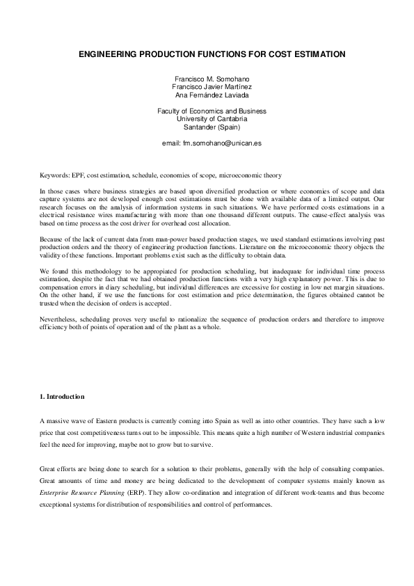 (PDF) Engineering Production Functions for Cost Estimation