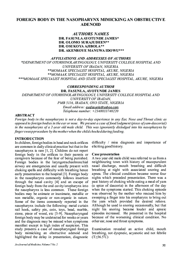 (PDF) Foreign body in the Nasopharynx mimicking an obstructive adenoid