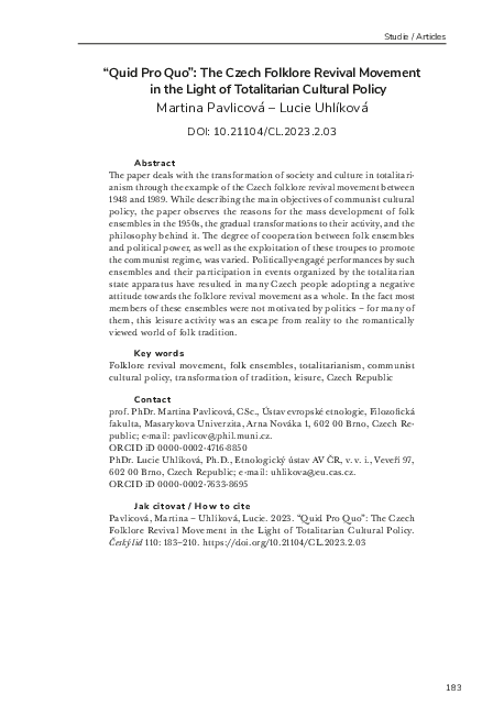 (PDF) "Quid Pro Quo": The Czech Folklore Revival Movement in the Light of Totalitarian Cultural ...