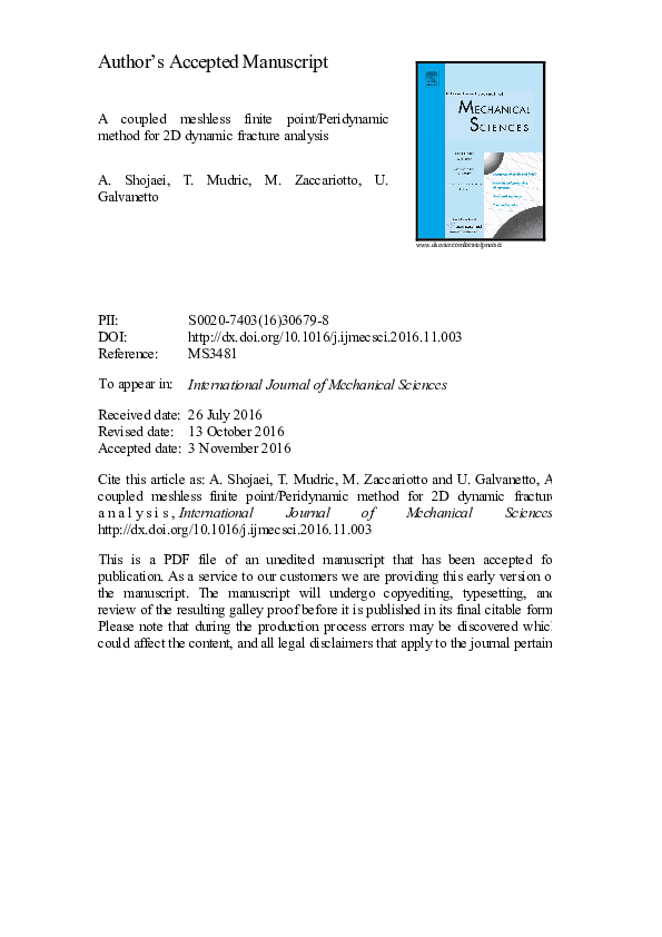 Pdf A Coupled Meshless Finite Point Peridynamic Method For 2d Dynamic Fracture Analysis Ugo