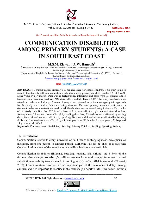 (PDF) COMMUNICATION DISABILITIES AMONG PRIMARY STUDENTS: A CASE IN ...