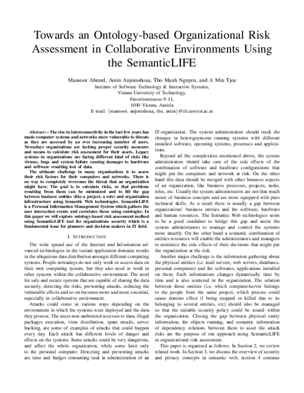 (PDF) Towards an Ontology-based Organizational Risk Assessment in Collaborative Environments ...