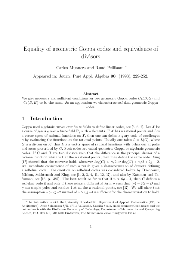(PDF) Equality of geometric Goppa codes and equivalence of divisors