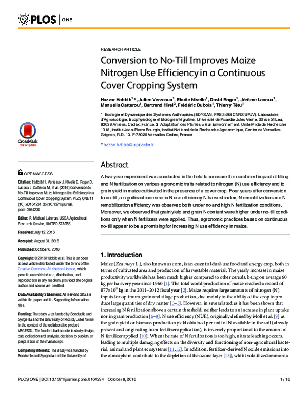 (PDF) Conversion to No-Till Improves Maize Nitrogen Use Efficiency in a ...