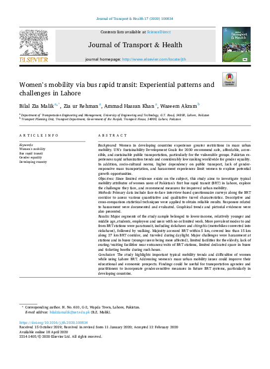 (PDF) Women's mobility via bus rapid transit: Experiential patterns and ...