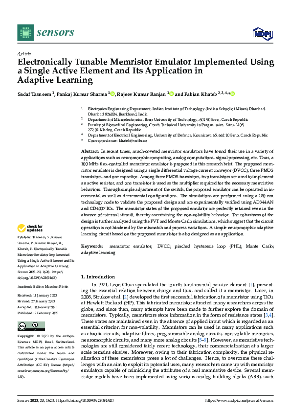 Pdf Electronically Tunable Memristor Emulator Implemented Using A Single Active Element And