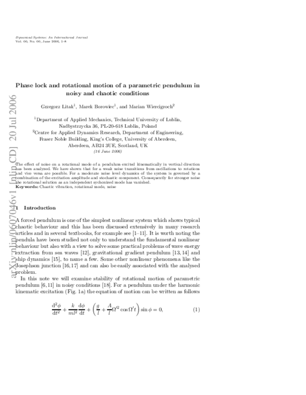 (PDF) Phase lock and rotational motion of a parametric pendulum