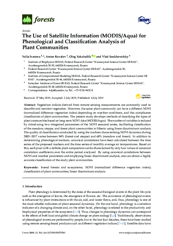 (PDF) The Use of Satellite Information (MODIS/Aqua) for Phenological and Classification Analysis ...