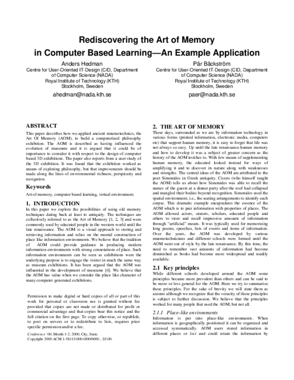 (PDF) Rediscovering the Art of Memory in Computer Based Learning—An Example Application