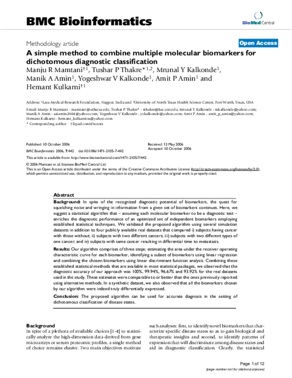 (PDF) A simple method to combine multiple molecular biomarkers for dichotomous diagnostic ...