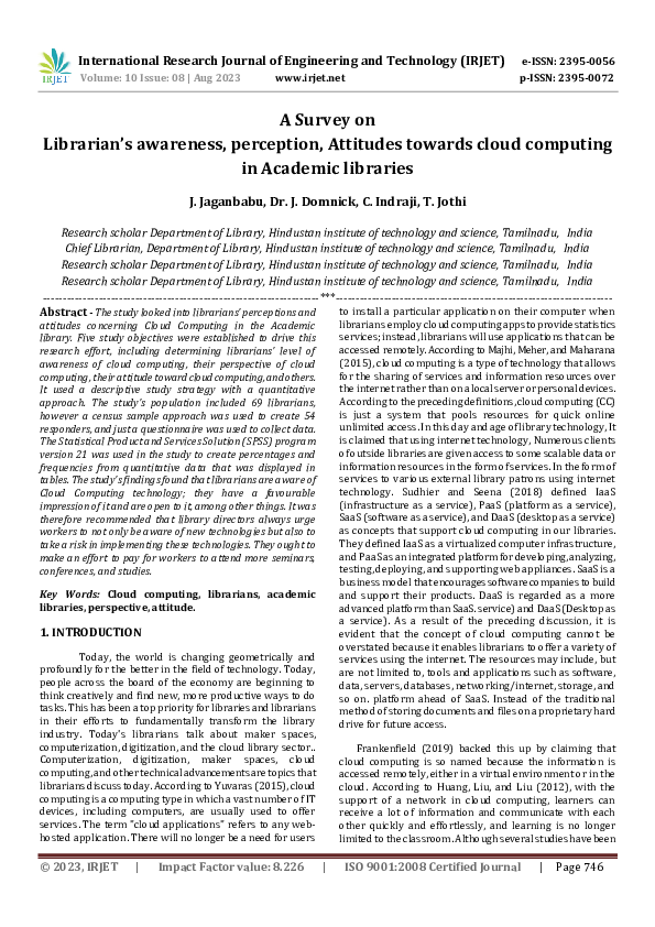 (PDF) A Survey on Librarian's awareness, perception, Attitudes towards cloud computing in ...