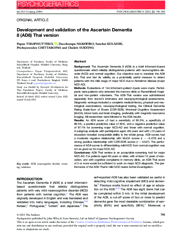 (PDF) Development and validation of the Ascertain Dementia 8 ( AD8 ...