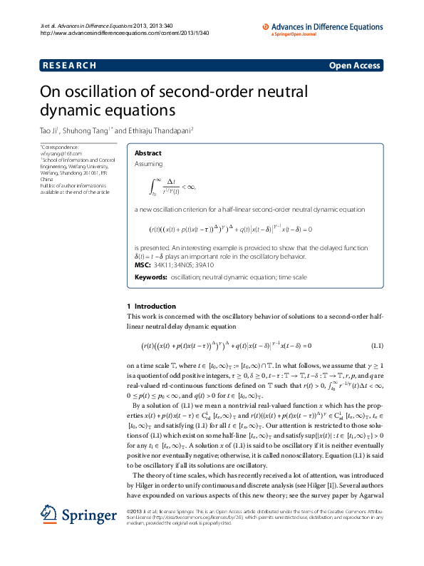 (PDF) On oscillation of second-order neutral dynamic equations