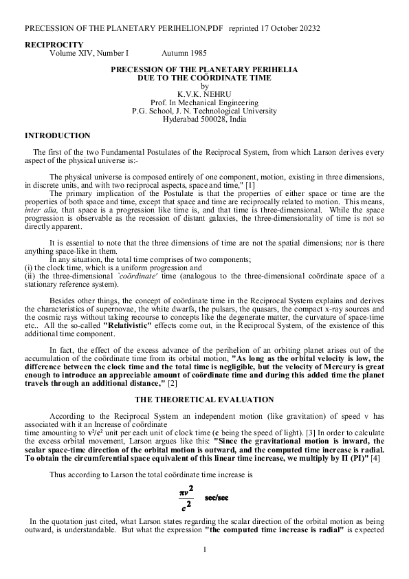(PDF) PRECESSION OF THE PLANETARY PERIHELIA DUE TO THE COÕRDINATE TIME ...