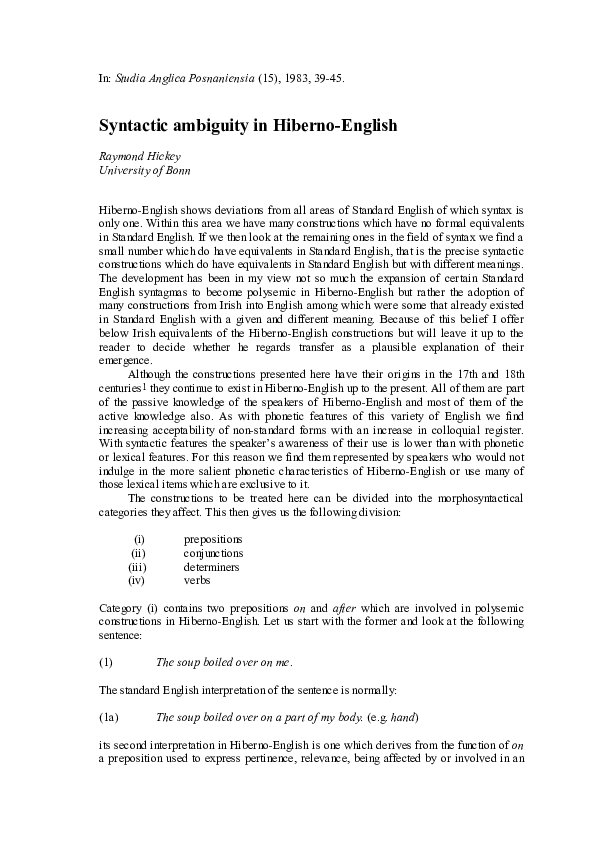 (PDF) Syntactic ambiguity in Hiberno-English | Raymond Hickey ...