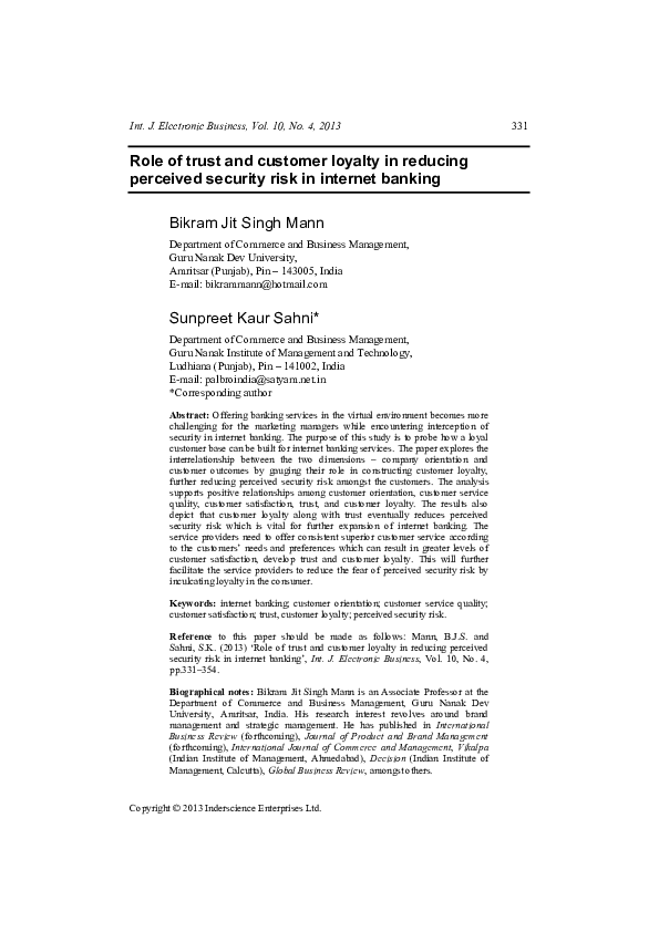 (PDF) Role of trust and customer loyalty in reducing perceived security risk in internet banking