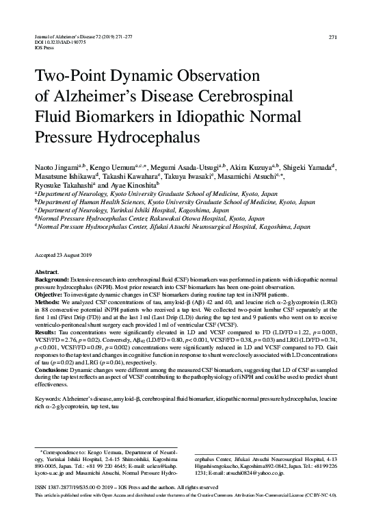 (PDF) Two-Point Dynamic Observation of Alzheimer’s Disease Cerebrospinal Fluid Biomarkers in ...