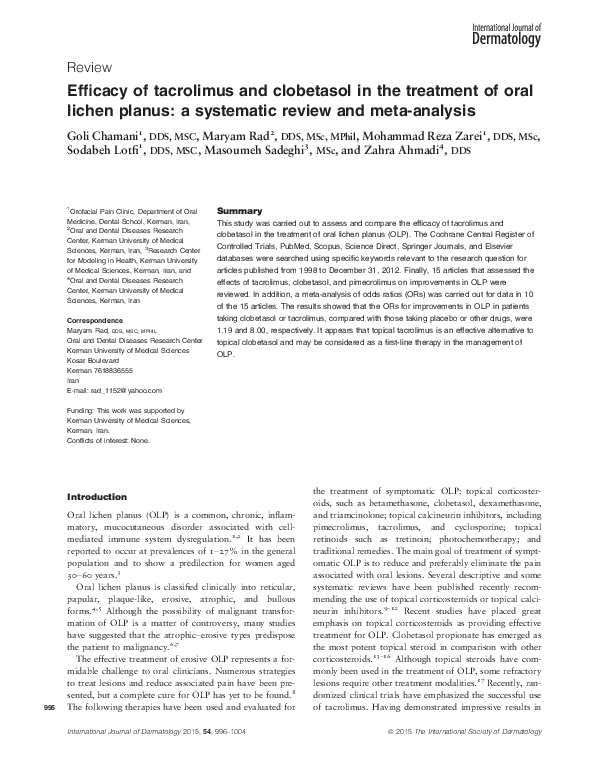 Pdf Efficacy Of Tacrolimus And Clobetasol In The Treatment Of Oral