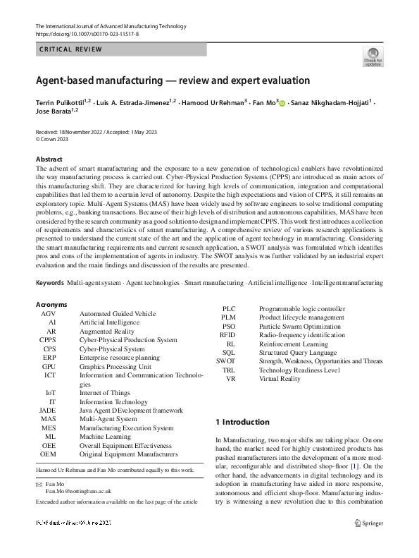 (PDF) Agent-based manufacturing — review and expert evaluation