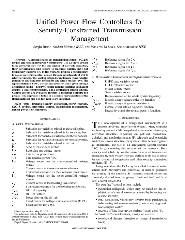 (PDF) Unified Power Flow Controllers for Security-Constrained Transmission Management