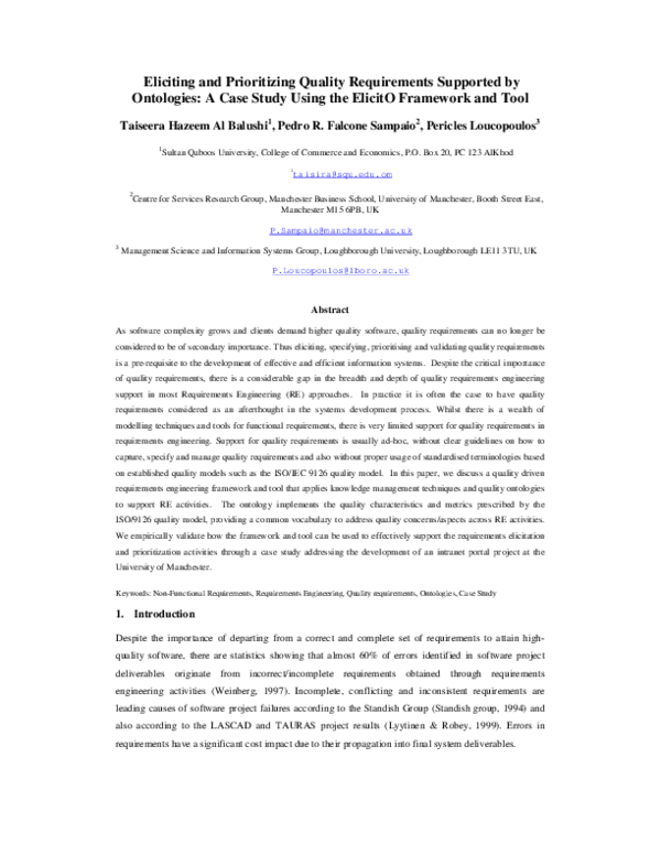 (PDF) Eliciting and prioritizing quality requirements supported by ontologies: a case study ...