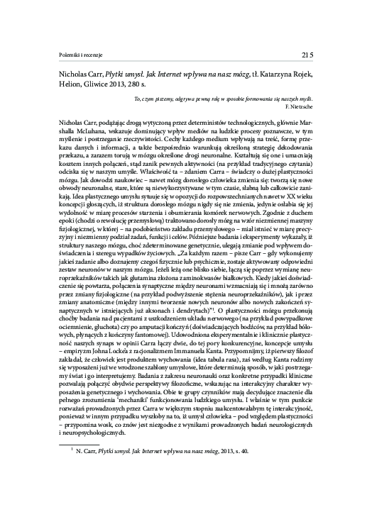 (PDF) Nicholas Carr, Płytki umysł. Jak Internet wpływa na nasz mózg, tł ...
