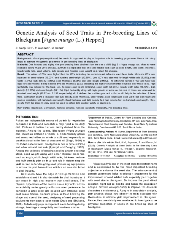 (PDF) Genetic Analysis of Seed Traits in Pre-breeding Lines of Blackgram [Vigna mungo (L.) Hepper