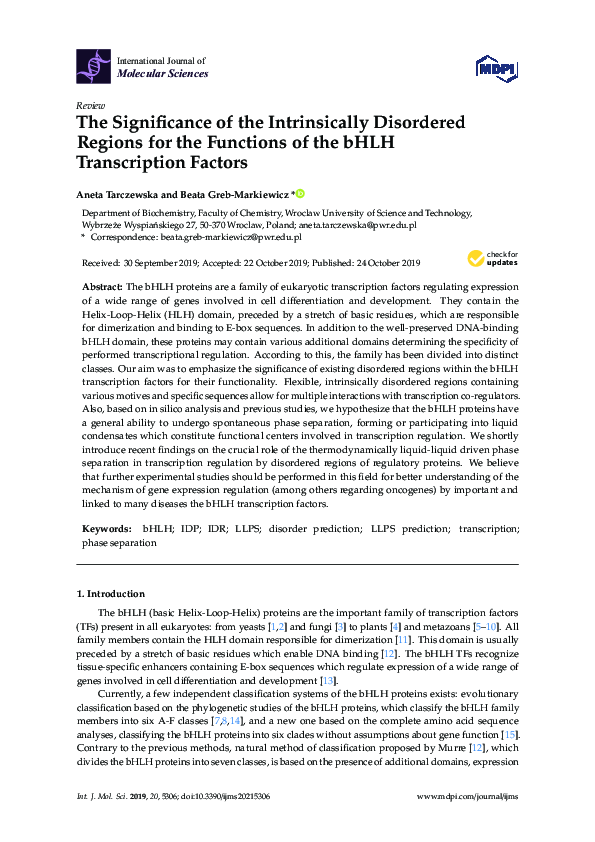 (PDF) The Significance of the Intrinsically Disordered Regions for the ...