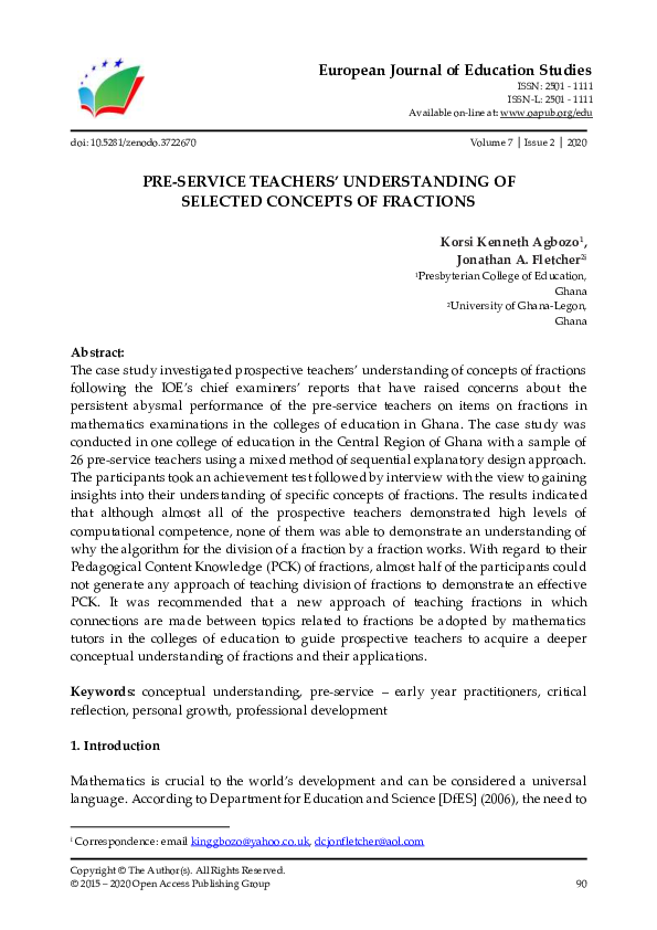(PDF) Pre-Service Teachers’ Understanding of Selected Concepts of Fractions