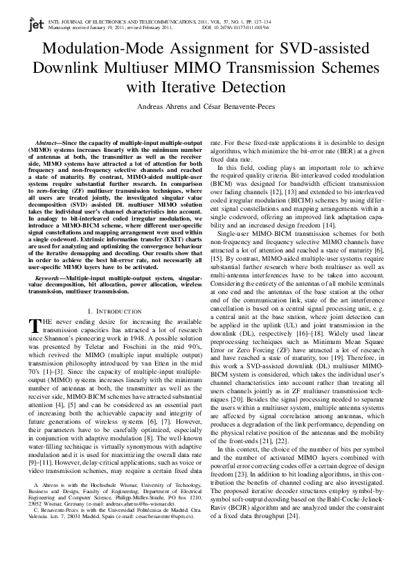 (PDF) Modulation-Mode Assignment for SVD-assisted Downlink Multiuser MIMO Transmission Schemes ...