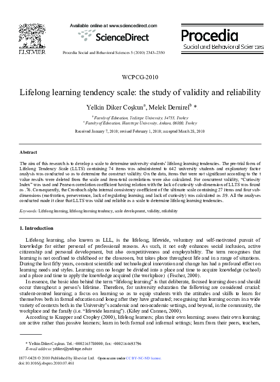 (PDF) Lifelong learning tendency scale: the study of validity and reliability