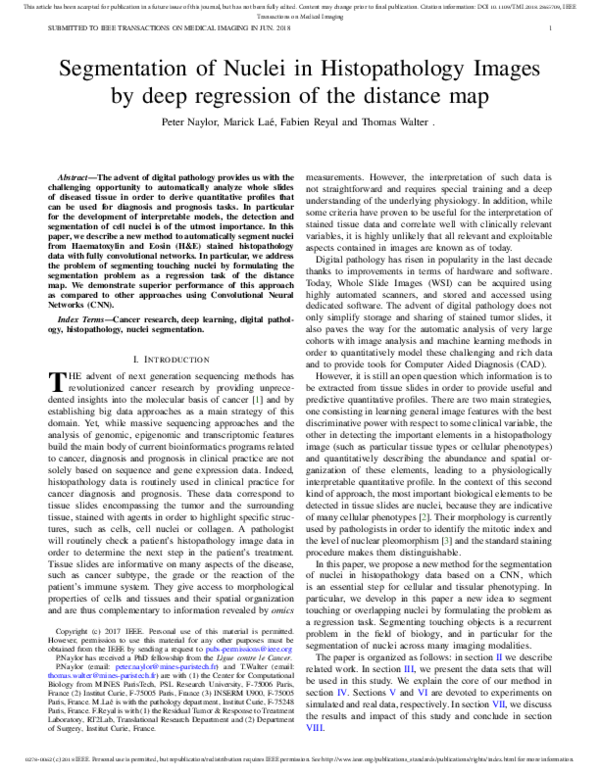 (PDF) Segmentation of Nuclei in Histopathology Images by Deep Regression of the Distance Map ...