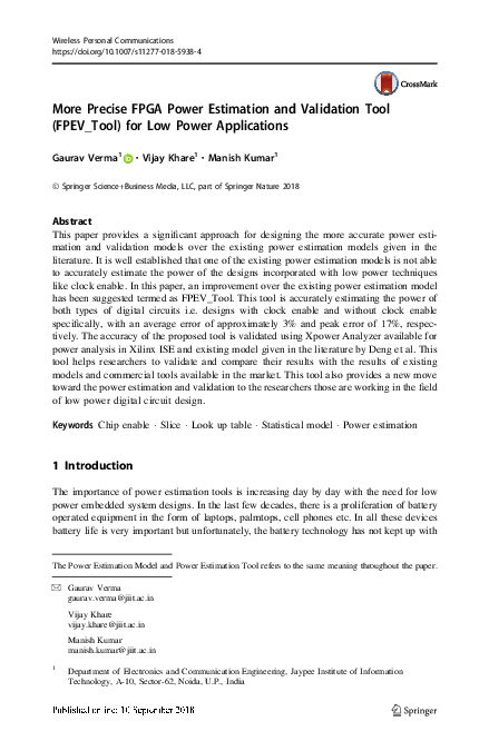 Pdf More Precise Fpga Power Estimation And Validation Tool Fpev Tool For Low Power Applications