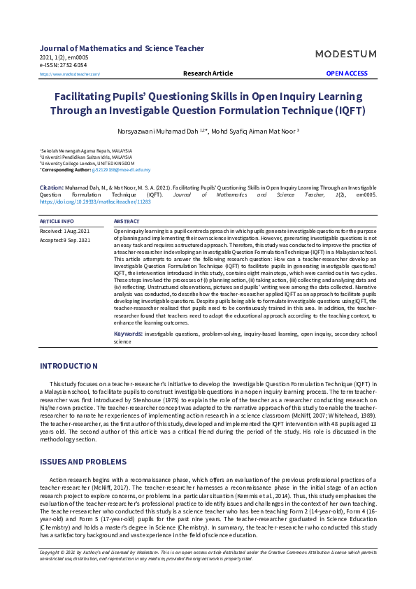 (PDF) Facilitating Pupils’ Questioning Skills in Open Inquiry Learning ...