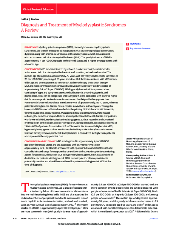 (PDF) Diagnosis and Treatment of Myelodysplastic Syndromes A Review
