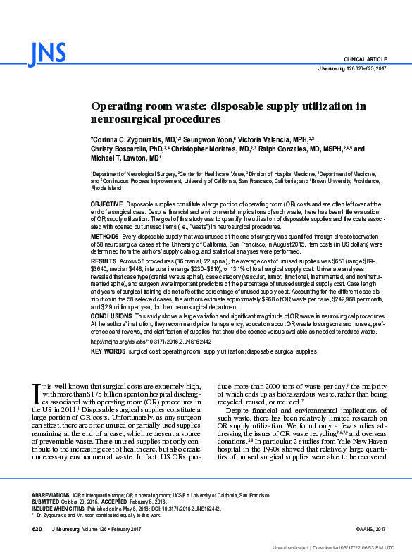 (PDF) Operating room waste: disposable supply utilization in neurosurgical procedures