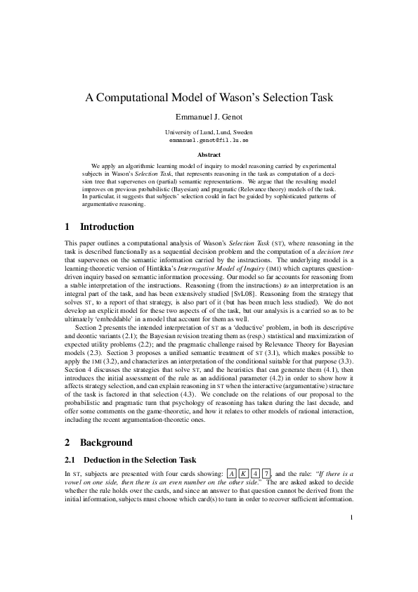 (PDF) A Computational Model of Wason's Selection Task
